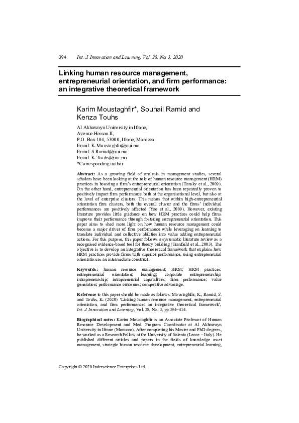 (PDF) Linking human resource management, entrepreneurial orientation, and firm performance: an ...