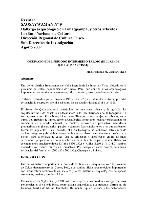 (PDF) OCUPACIÓN DEL PERÍODO INTERMEDIO TARDÍO (KILLKE) DE QALLAQASA (P ...