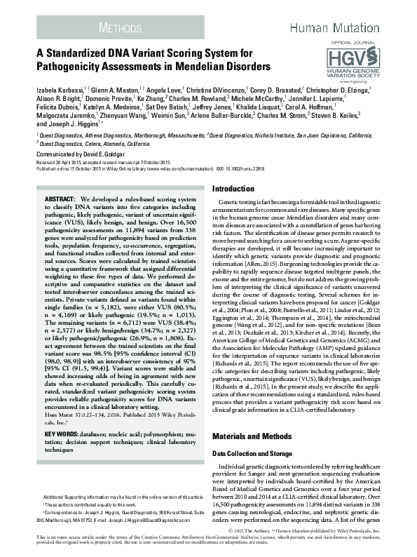 Pdf A Standardized Dna Variant Scoring System For Pathogenicity