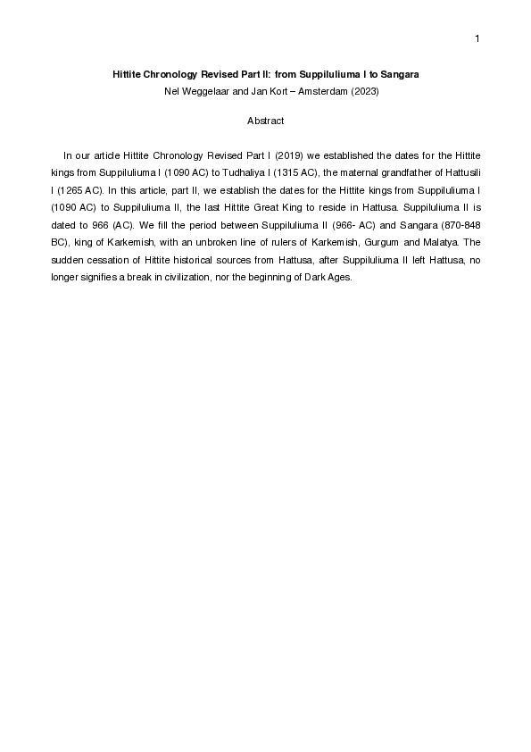 (PDF) Hittite Chronology Revised Part II: from Suppiluliuma I to Sangara