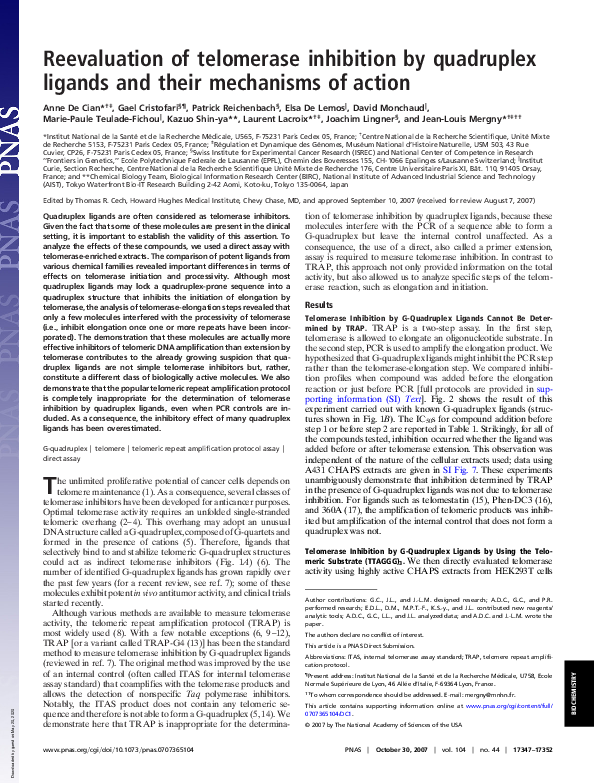 (PDF) Reevaluation of telomerase inhibition by quadruplex ligands and ...