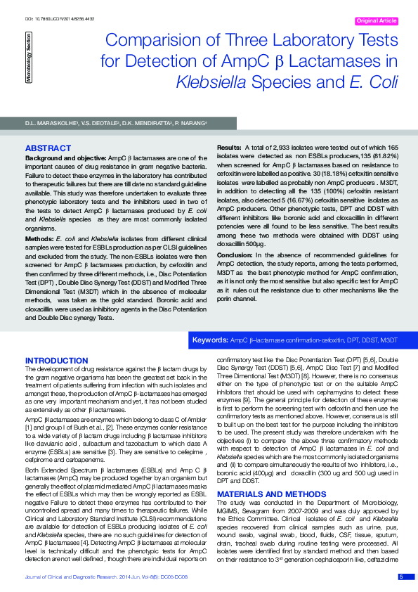 (PDF) Comparision of Three Laboratory Tests for Detection of AmpC β ...