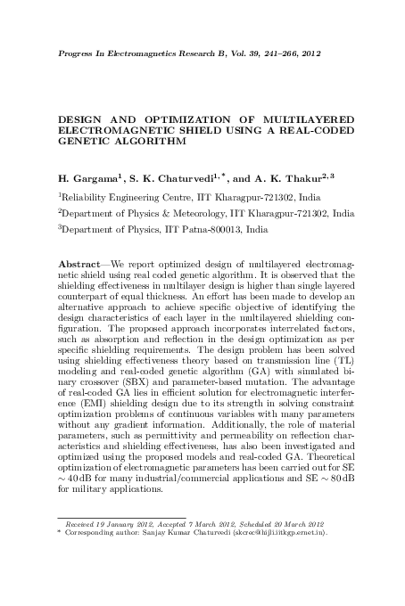 (PDF) Design and Optimization of Multilayered Electromagnetic Shield Using a Real-Coded Genetic ...