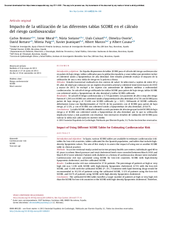 (PDF) Impacto de la utilización de las diferentes tablas SCORE en el ...