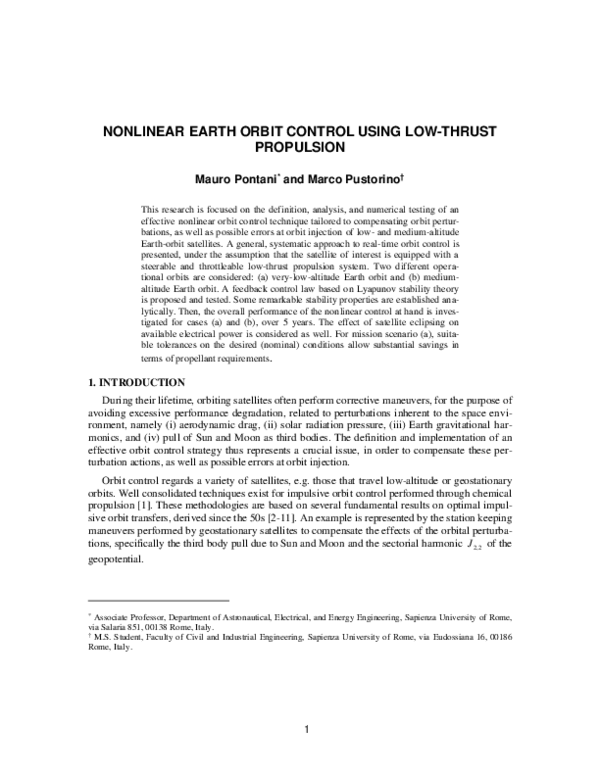 Pdf Nonlinear Earth Orbit Control Using Low Thrust Propulsion