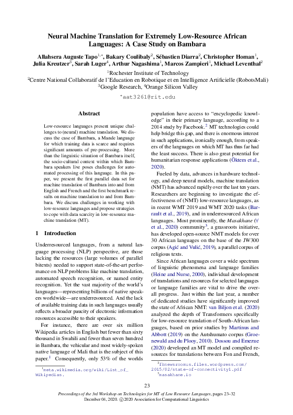 (PDF) Neural Machine Translation for Extremely Low-Resource African Languages: A Case Study on ...