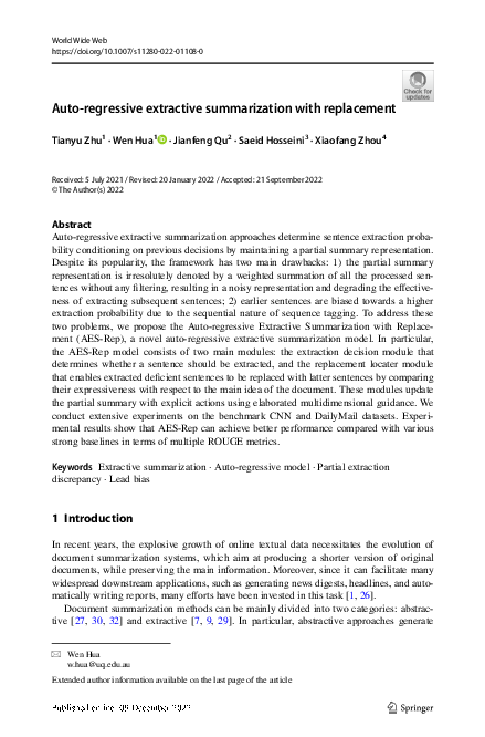 (PDF) Auto-regressive extractive summarization with replacement