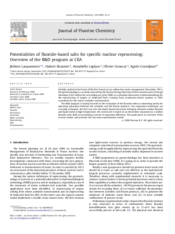(PDF) Potentialities of fluoride-based salts for specific nuclear reprocessing: Overview of the ...