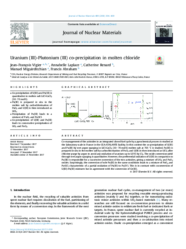 (PDF) Uranium (III)-Plutonium (III) co-precipitation in molten chloride ...