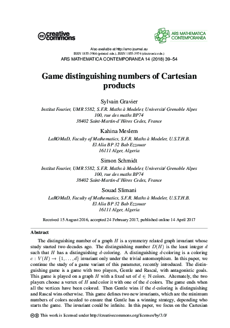(PDF) Game distinguishing numbers of Cartesian products | kahina meslem ...