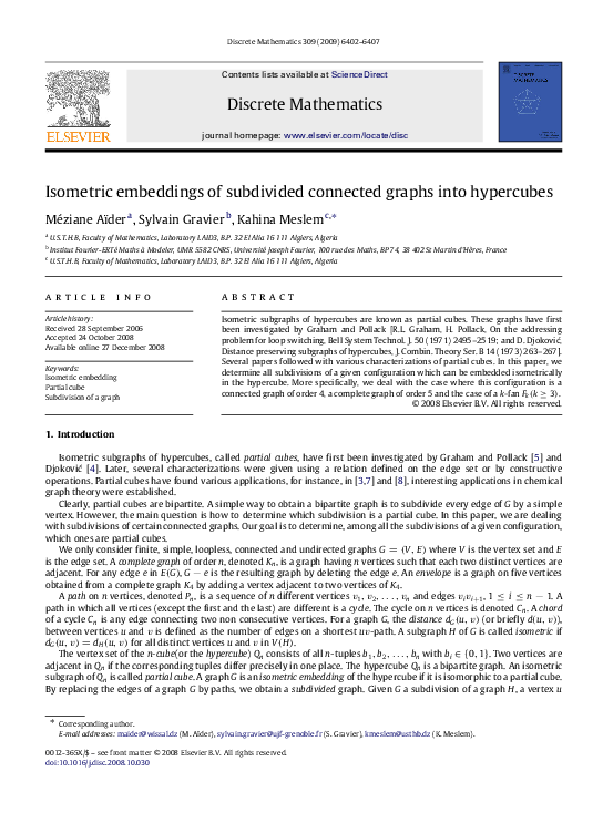 (PDF) Isometric embeddings of subdivided connected graphs into hypercubes