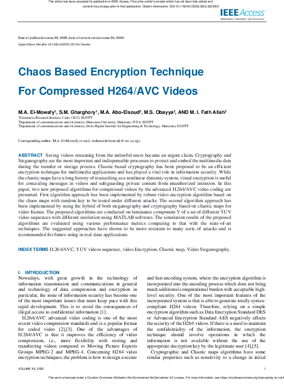 (PDF) Chaos Based Encryption Technique For Compressed H264/AVC Videos