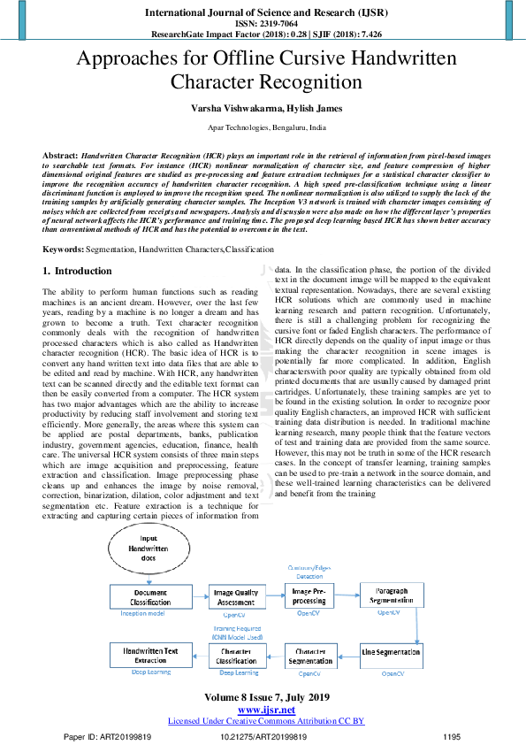 Pdf Approaches For Offline Cursive Handwritten Character Recognition 