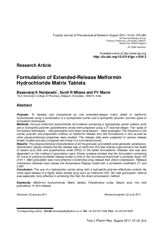 Pdf Research Article Formulation Of Extended Release Metformin Hydrochloride Matrix Tablets