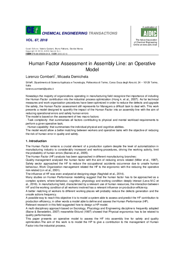 (PDF) Human Factor Assessment in Assembly Line: an Operative Model ...