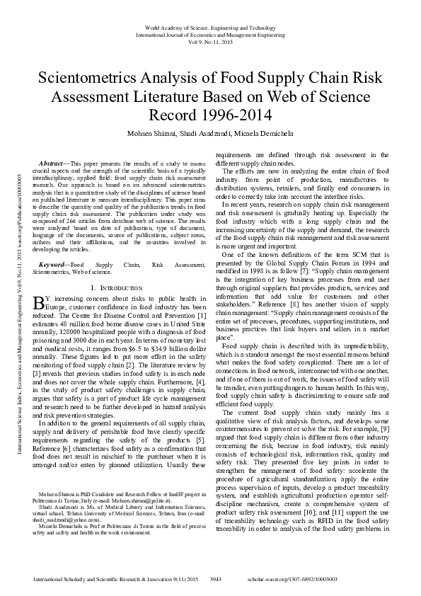 (PDF) Scientometrics Analysis Of Food Supply Chain Risk Assessment ...