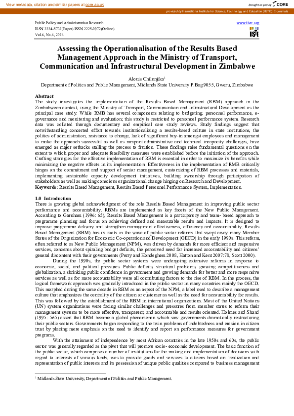 (PDF) Assessing the Operationalisation of the Results Based Management Approach in the Ministry ...