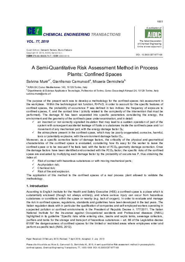 (PDF) A semi-quantitative risk assessment method in process plants ...