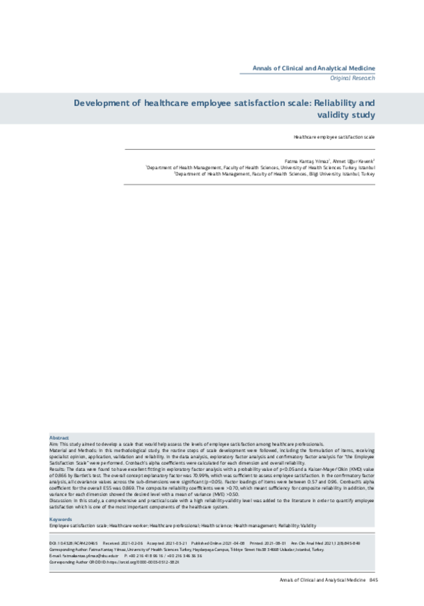 (PDF) Development of healthcare employee satisfaction scale: Reliability and validity study