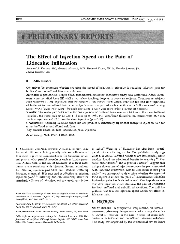 (PDF) The Effect of Injection Speed on the Pain of Lidocaine ...