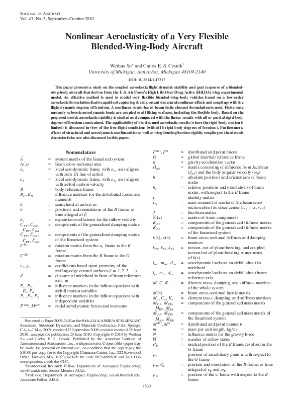 Pdf Nonlinear Aeroelasticity Of A Very Flexible Blended Wing Body Aircraft