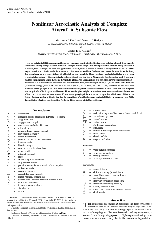 (PDF) Nonlinear Aeroelastic Analysis of Complete Aircraft in Subsonic Flow