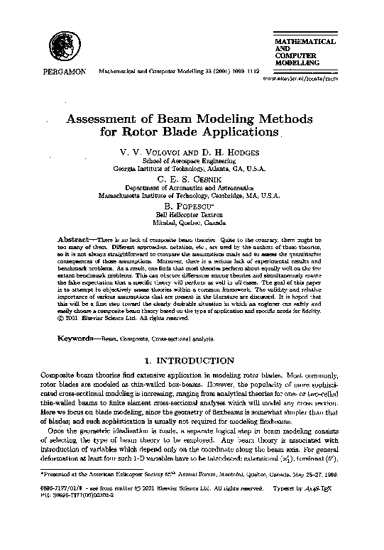 (PDF) Assessment of beam modeling methods for rotor blade applications