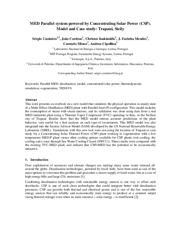 (PDF) MED parallel system powered by concentrating solar power (CSP). Model and case study ...