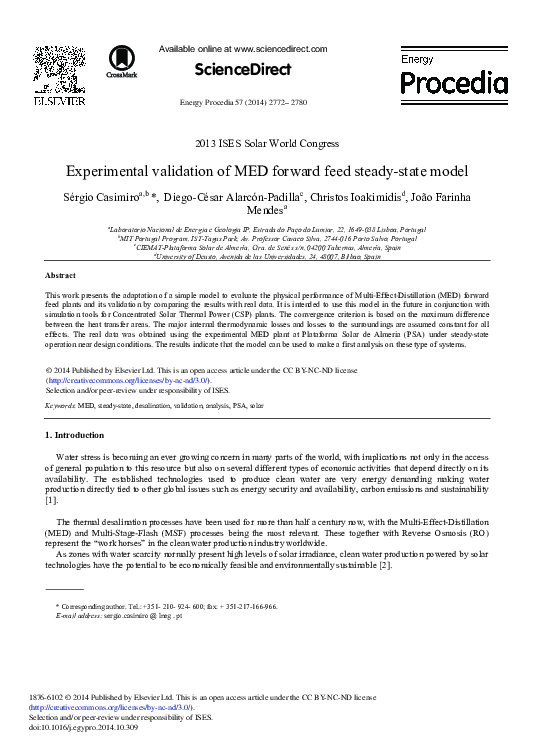 (PDF) Experimental Validation of MED Forward Feed Steady-state Model