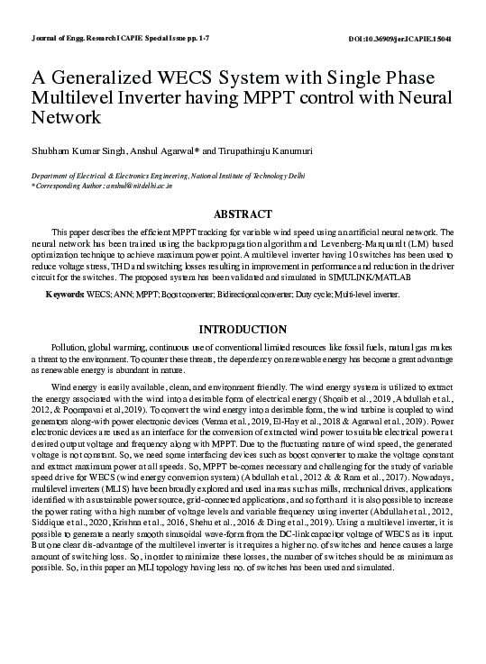 (PDF) A Generalized WECS System with Single Phase Multilevel Inverter having MPPT control with ...