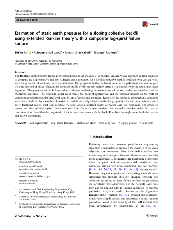 (PDF) Estimation of static earth pressures for a sloping cohesive ...