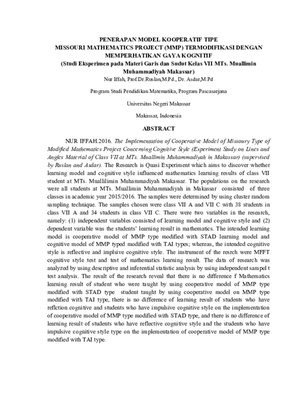 (DOC) PENERAPAN MODEL KOOPERATIF TIPE MISSOURI MATHEMATICS PROJECT (MMP ...