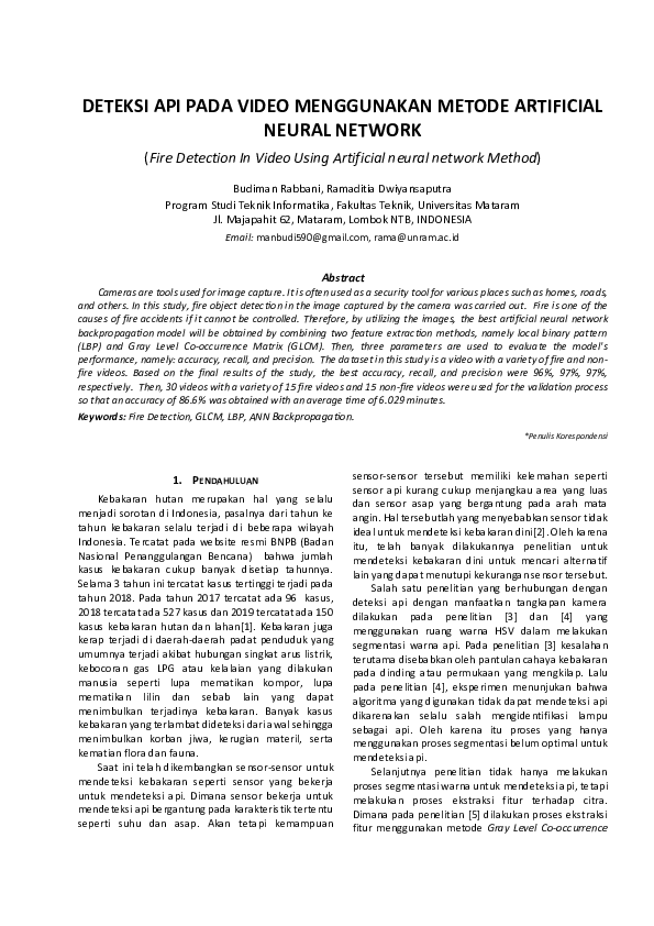 (PDF) Deteksi Api Pada Video Menggunakan Metode Artificial Neural Network