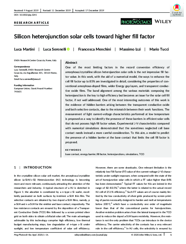 (PDF) Silicon heterojunction solar cells toward higher fill factor