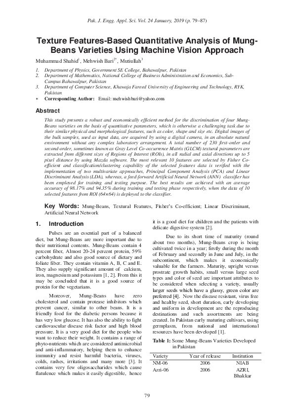 Pdf Texture Features Based Quantitative Analysis Of Mung Bean Varieties Using Machine Vision