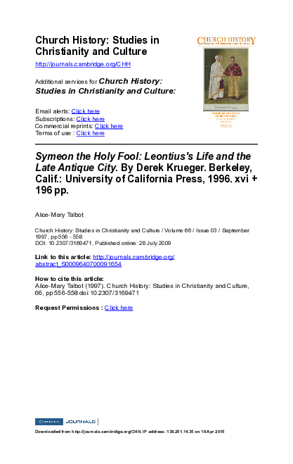 (PDF) Symeon the Holy Fool: Leontius's Life and the Late Antique City ...