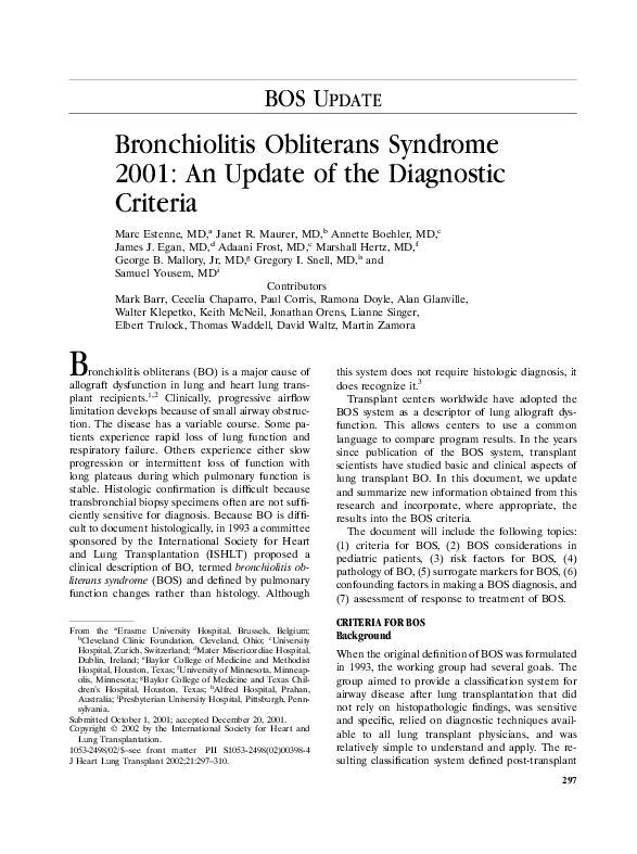 (PDF) Bronchiolitis obliterans syndrome 2001: an update of the diagnostic criteria
