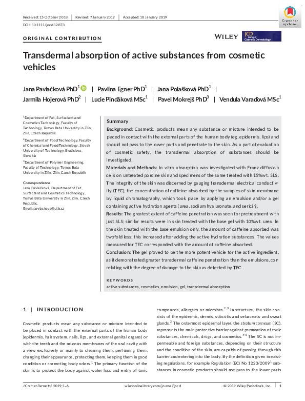 (PDF) Transdermal absorption of active substances from cosmetic vehicles