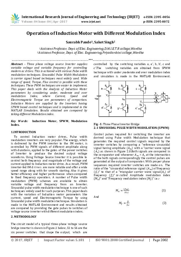 (PDF) Operation of Induction Motor with Different Modulation Index