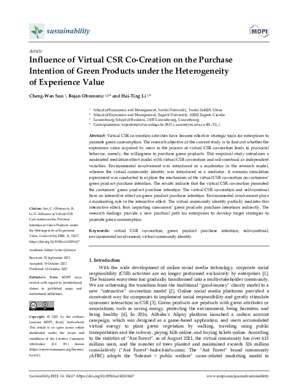 (PDF) Influence of Virtual CSR Co-Creation on the Purchase Intention of ...