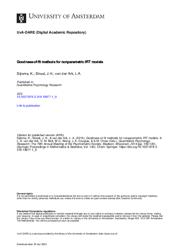Pdf Goodness Of Fit Methods For Nonparametric Irt Models