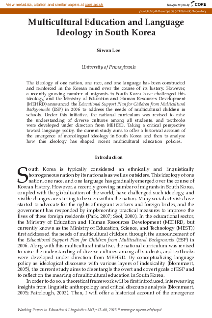 (PDF) Multicultural Education and Language Ideology in South Korea