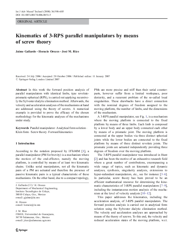 (PDF) Kinematics of 3-RPS parallel manipulators by means of screw theory