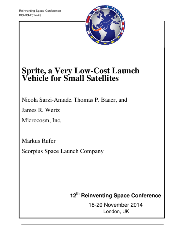 Sprite, a Very Low-Cost Launch Vehicle for Small Satellites