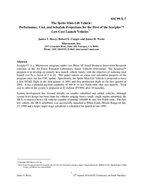 (PDF) The Sprite Mini-Lift Vehicle: Performance, Cost, and Schedule ...