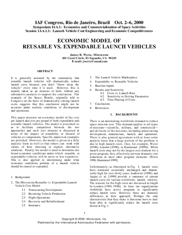 (PDF) Economic Model of Reusable vs. Expendable Launch Vehicles