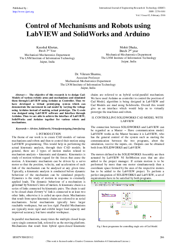 (PDF) Control of Mechanisms and Robots using LabVIEW and SolidWorks and ...