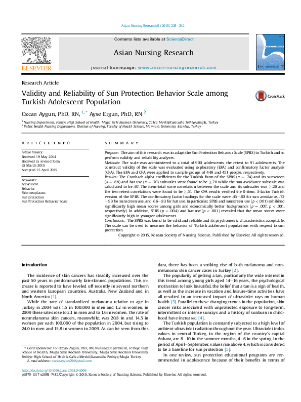 (PDF) Validity and Reliability of Sun Protection Behavior Scale among ...
