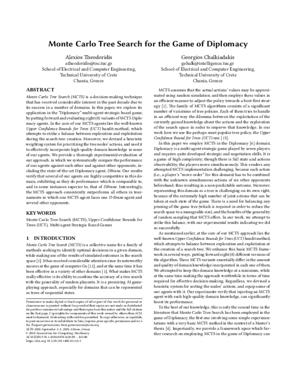 (PDF) Monte Carlo Tree Search for the Game of Diplomacy
