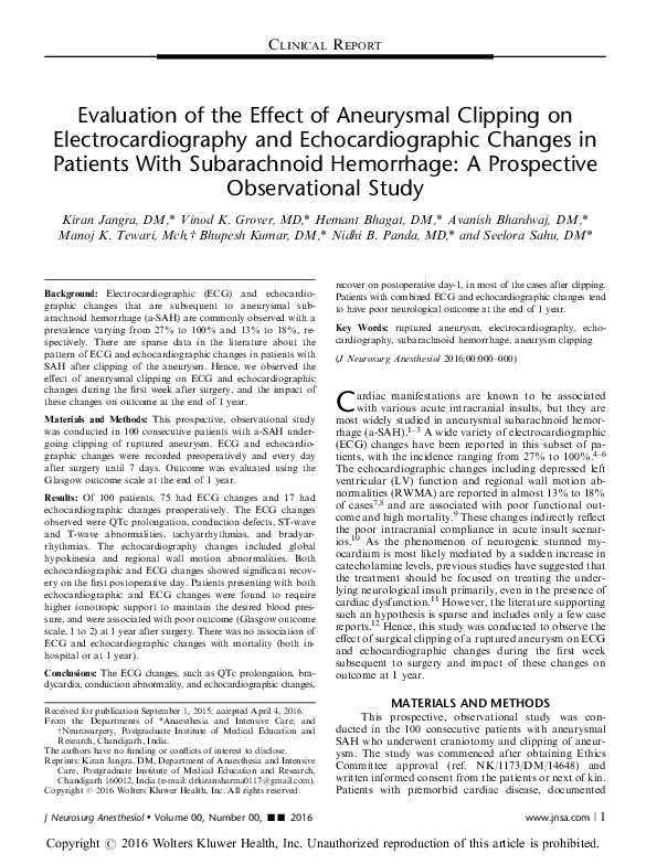 (PDF) Evaluation of the Effect of Aneurysmal Clipping on ...